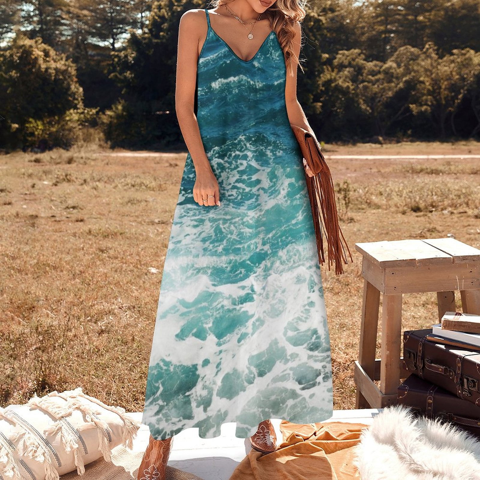 Blue Ocean Waves Sleeveless Dress dresses korean style summer dress ...