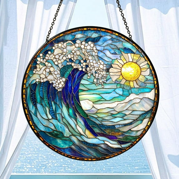 Blue Ocean Waves Stained Glass Suncatcher, Coastal Landscape Window ...