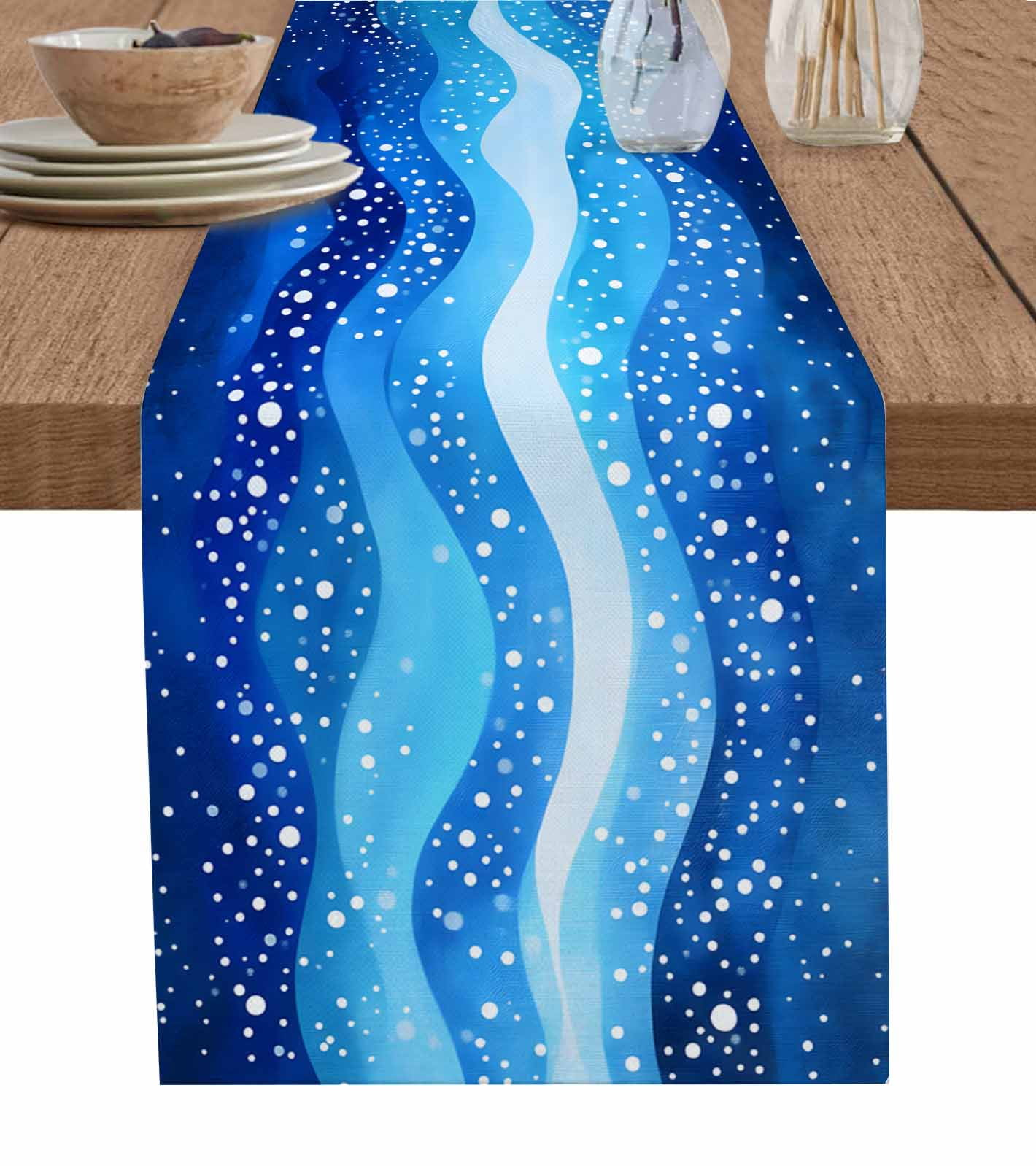 Blue Ocean Waves Table Runner 108 Inches, Abstract Wave Point Coastal Natural Bed Runner Dresser ...