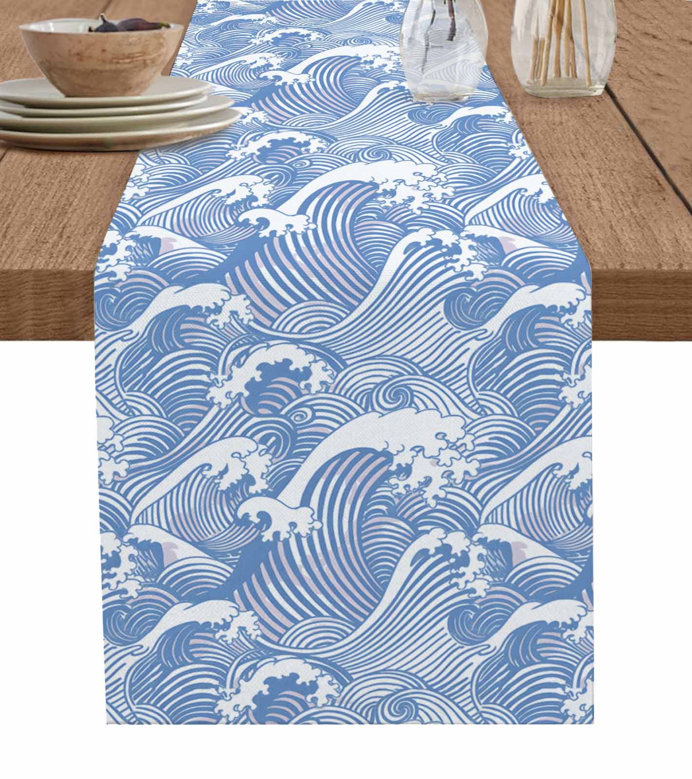 Blue Ocean Waves Table Runner 120 Inches, Abstract Art Moire Seaside Bed Runner Dresser Scarves ...