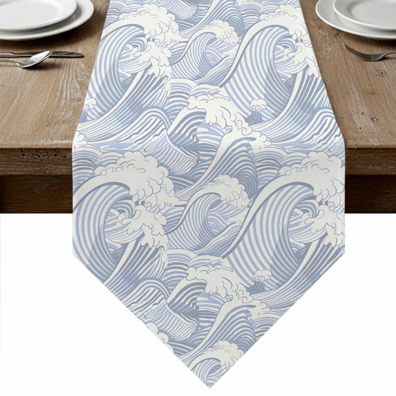 Blue Ocean Waves Table Runner Linen Burlap Table Runner 72 Inches Long ...