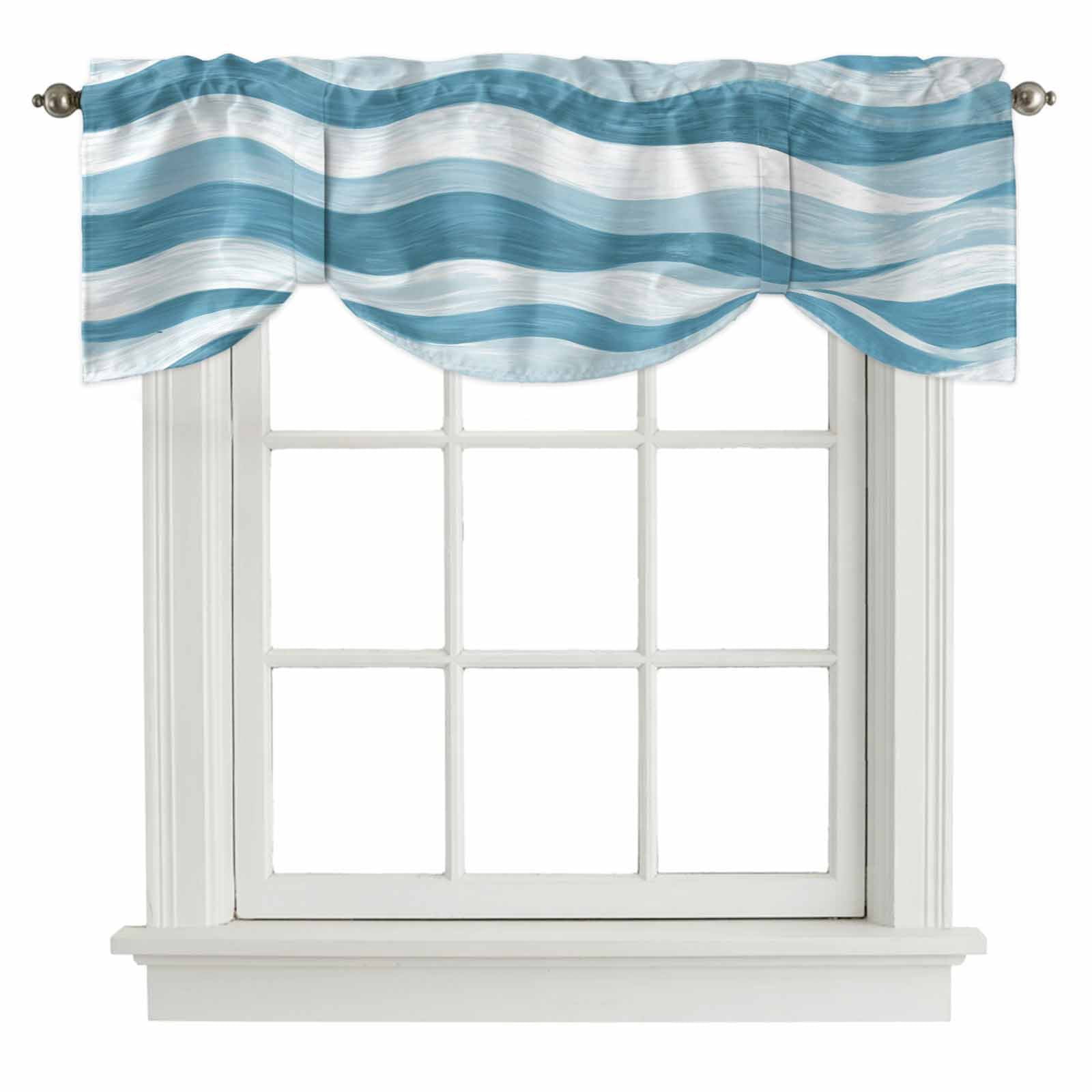 Blue Ocean Waves Tie Up Valance Curtains Abstract Modern Ombre Stripes ...