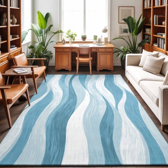 Blue Ocean Waves Washable Area Rug 4 x 6 ft Abstract Modern Ombre ...