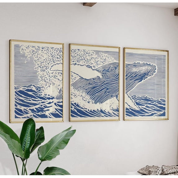 Blue Ocean Whale Japanese Ink Prints Set 3 Stretched Canvas 12x18 ...