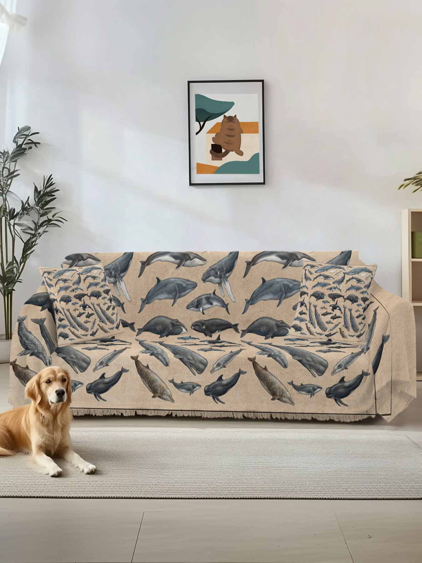 Blue Ocean Whales Couch Cover, Retro Coastal Underwater Animal Brown ...