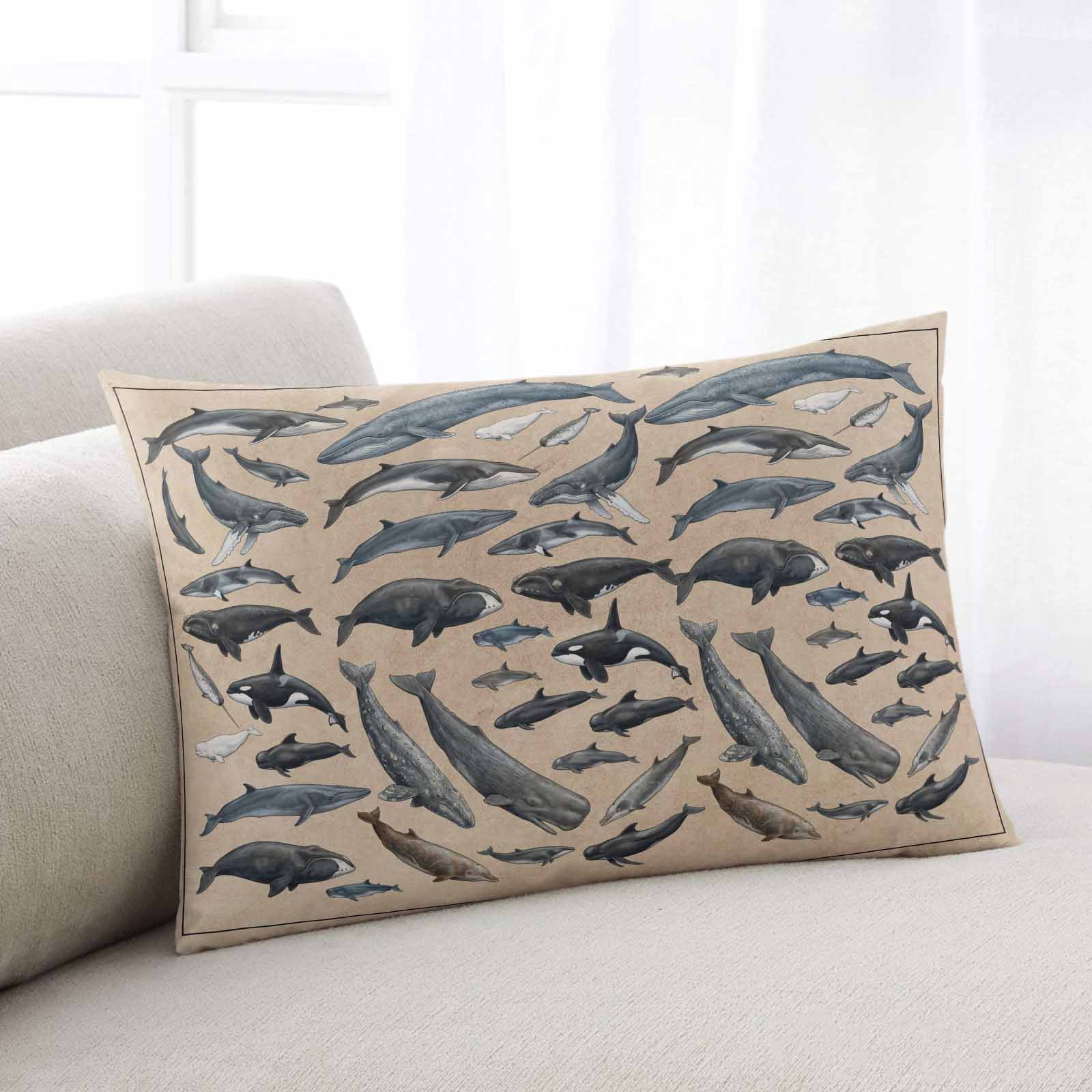 Blue Ocean Whales Throw Pillow Covers, Retro Coastal Underwater Animal ...