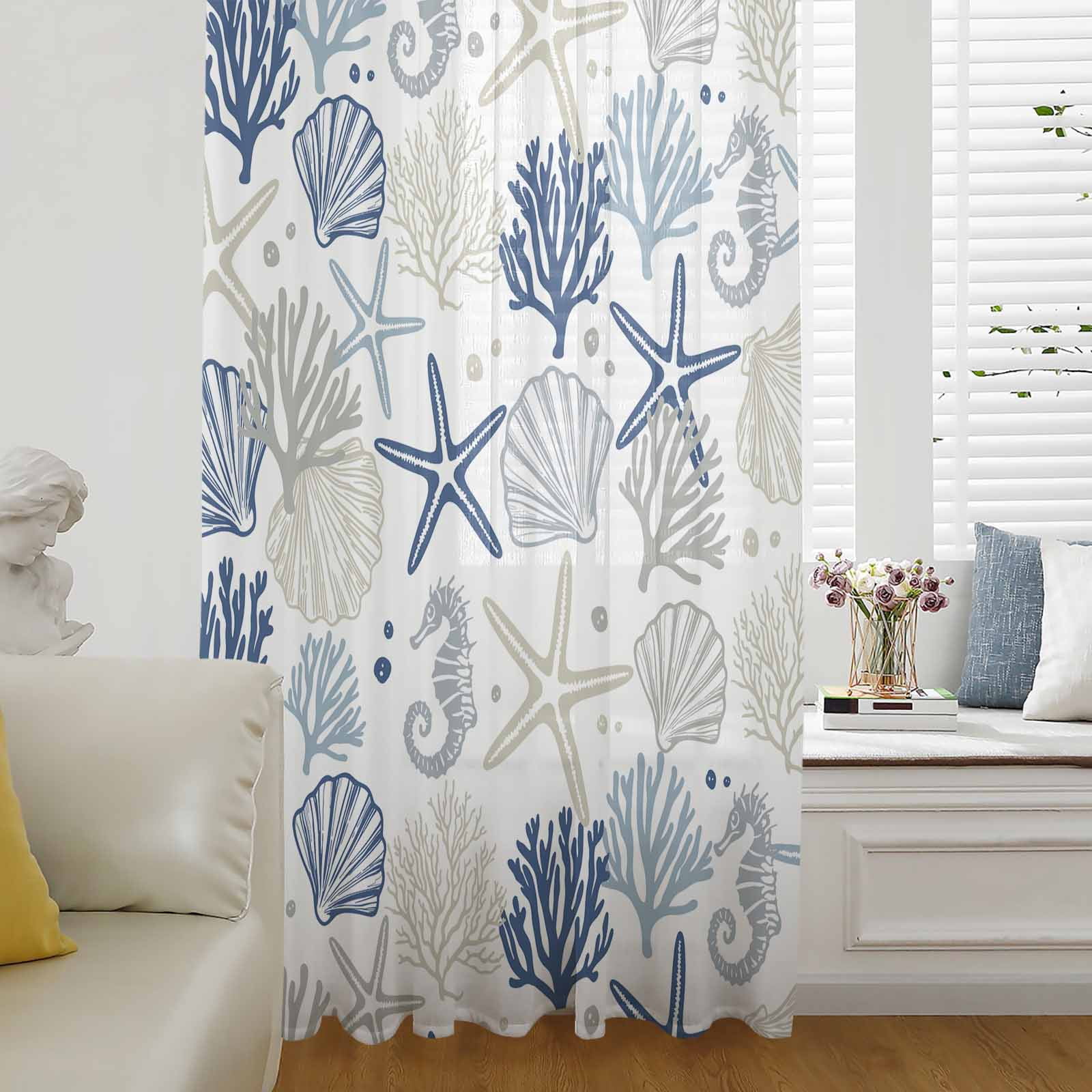 Blue Ocean Window Curtain 84 Inches Long,Coastal Sage Green Starfish ...