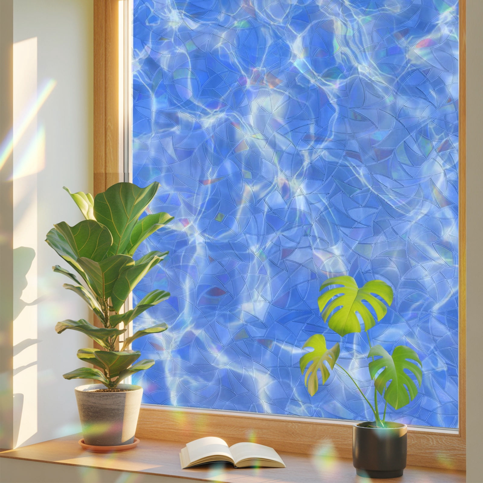 Blue Ocean Window Privacy Film Rainbow Static Cling Stain Glass Window ...