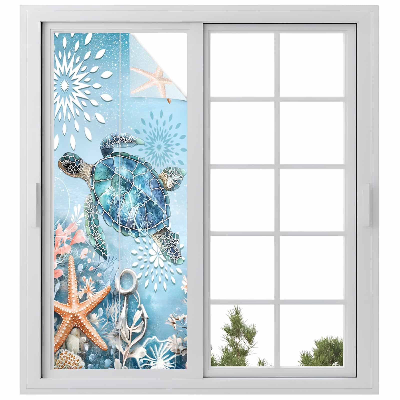 Blue Ocean Window Privacy Film Sea Turtle Coral Starfish Seashell ...