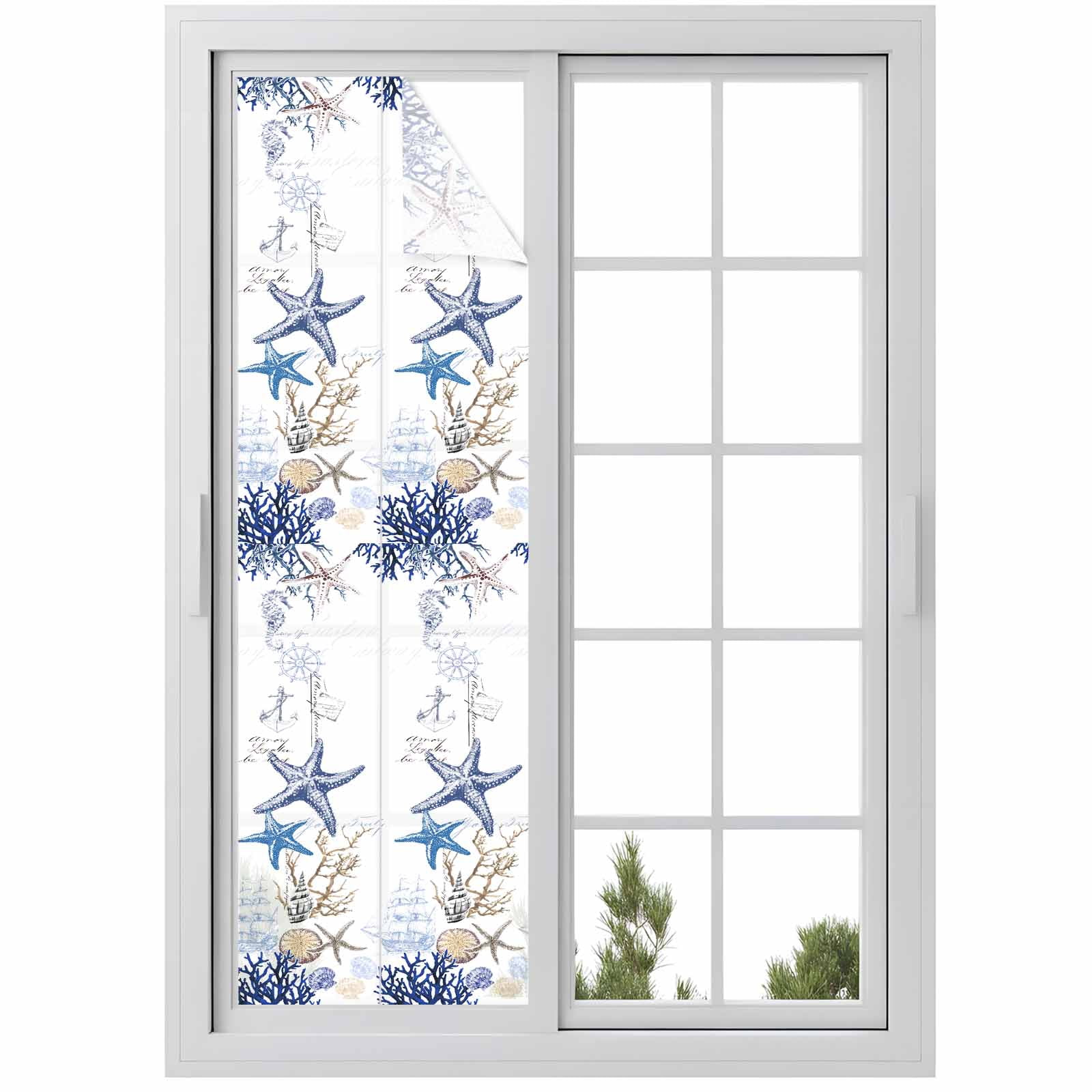 Blue Ocean Window Privacy Film Starfish Shell Coral Vintage Nautical ...