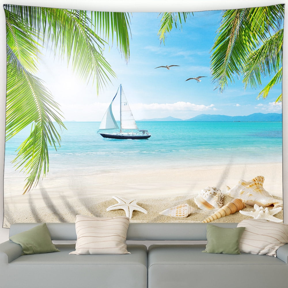 Blue Ocean Window Tapestry Hippie Beach Coconut Tree Fabric Wall ...