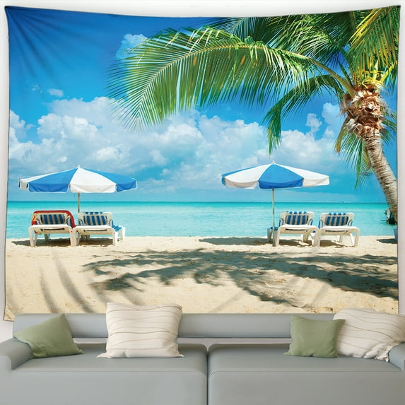 Blue Ocean Window Tapestry Hippie Beach Coconut Tree Fabric Wall ...