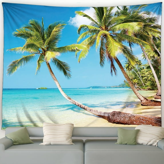 Blue Ocean Window Tapestry Hippie Beach Coconut Tree Fabric Wall ...