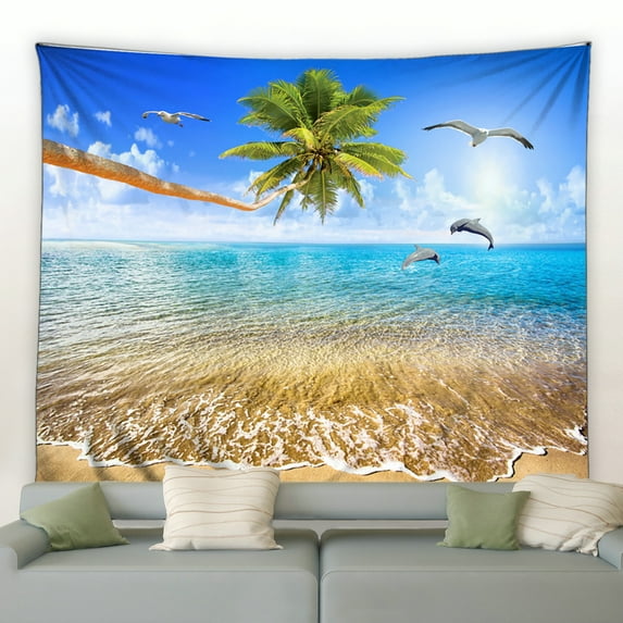 Blue Ocean Window Tapestry Hippie Beach Coconut Tree Fabric Wall ...