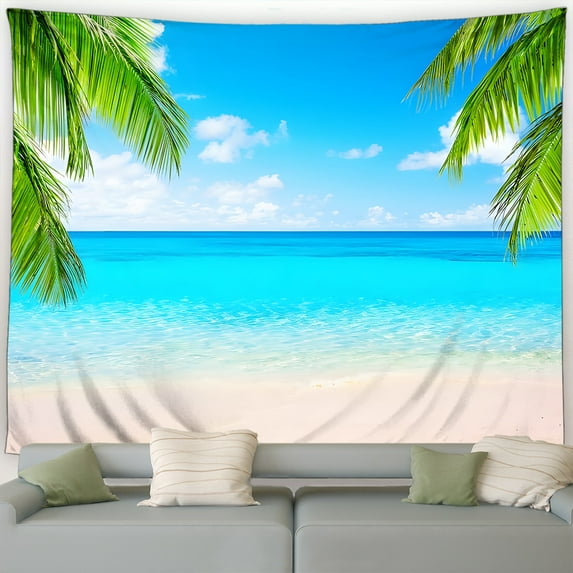 Blue Ocean Window Tapestry Hippie Beach Coconut Tree Fabric Wall ...
