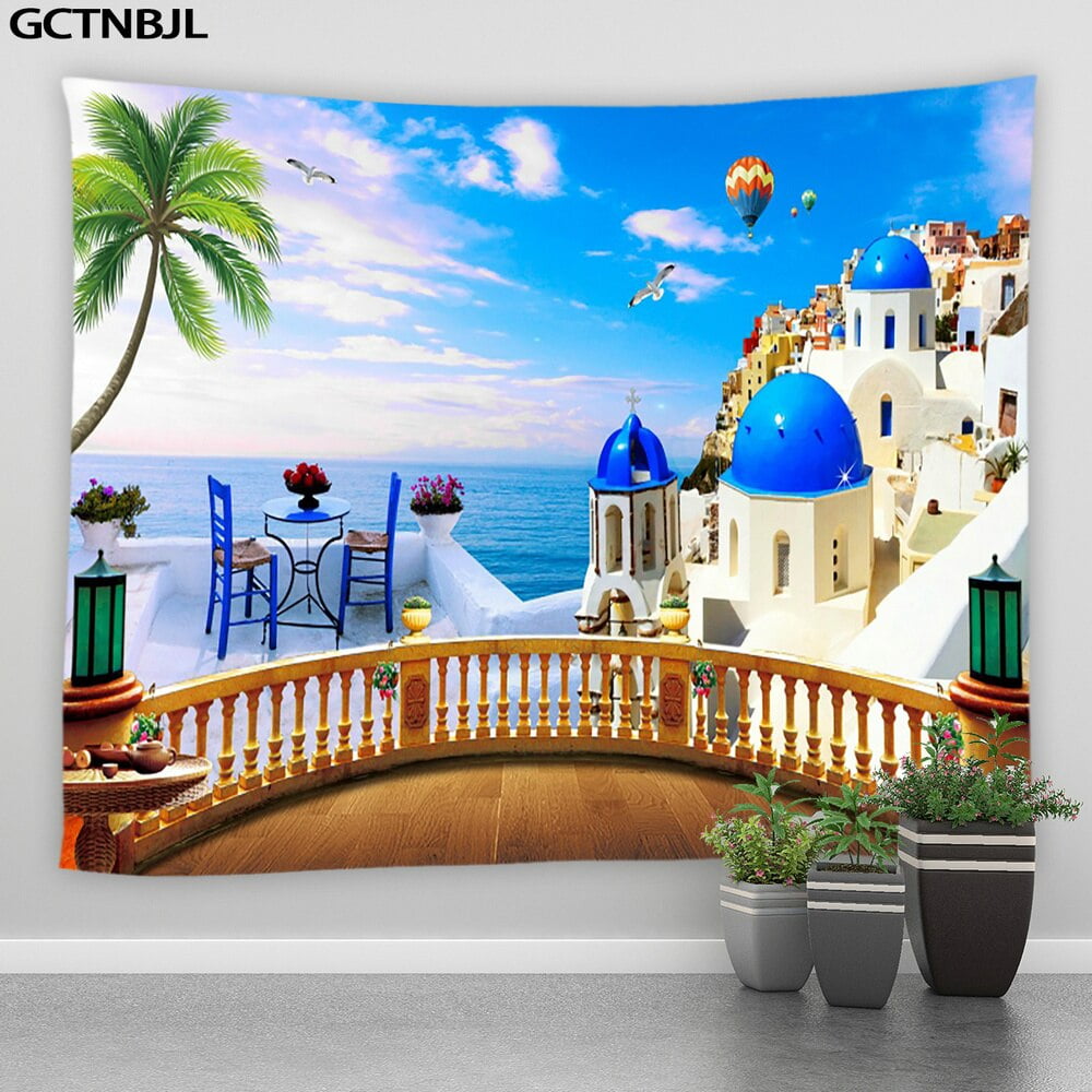 Blue Ocean Window Tapestry Hippie Beach Coconut Tree Forest Waterfall ...