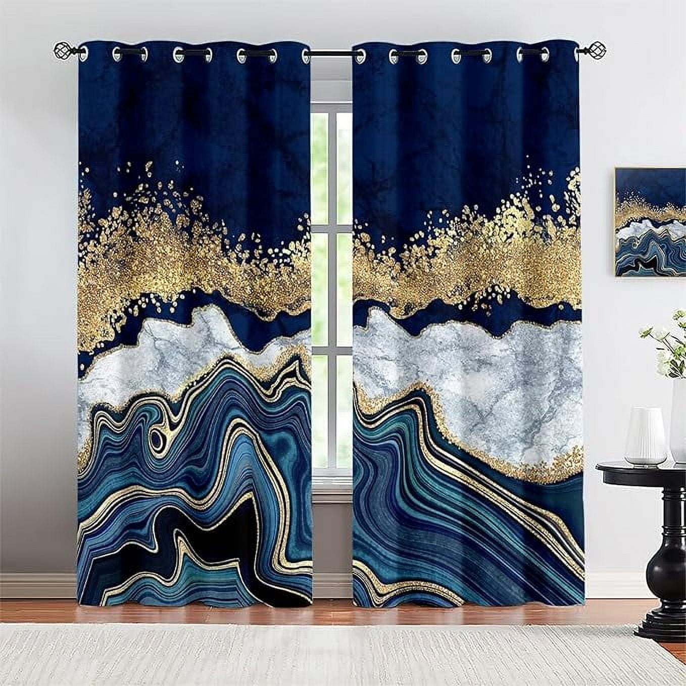 Blue Ocean Window Treatments, Abstract Golden Marble Texture Blackout ...
