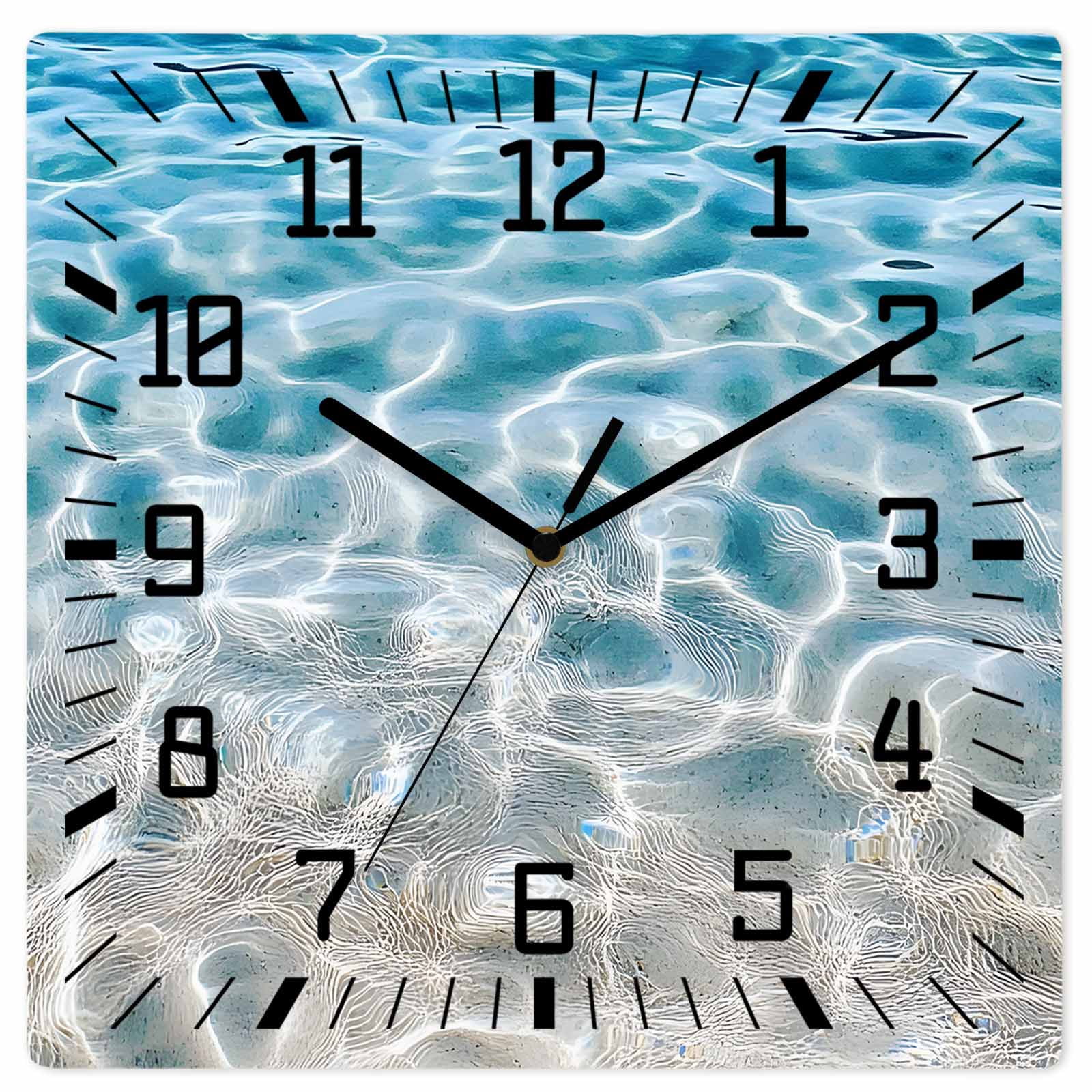 Blue Ocean Wooden Wall Clock Silent Non Ticking, Underwater Sea Waves ...