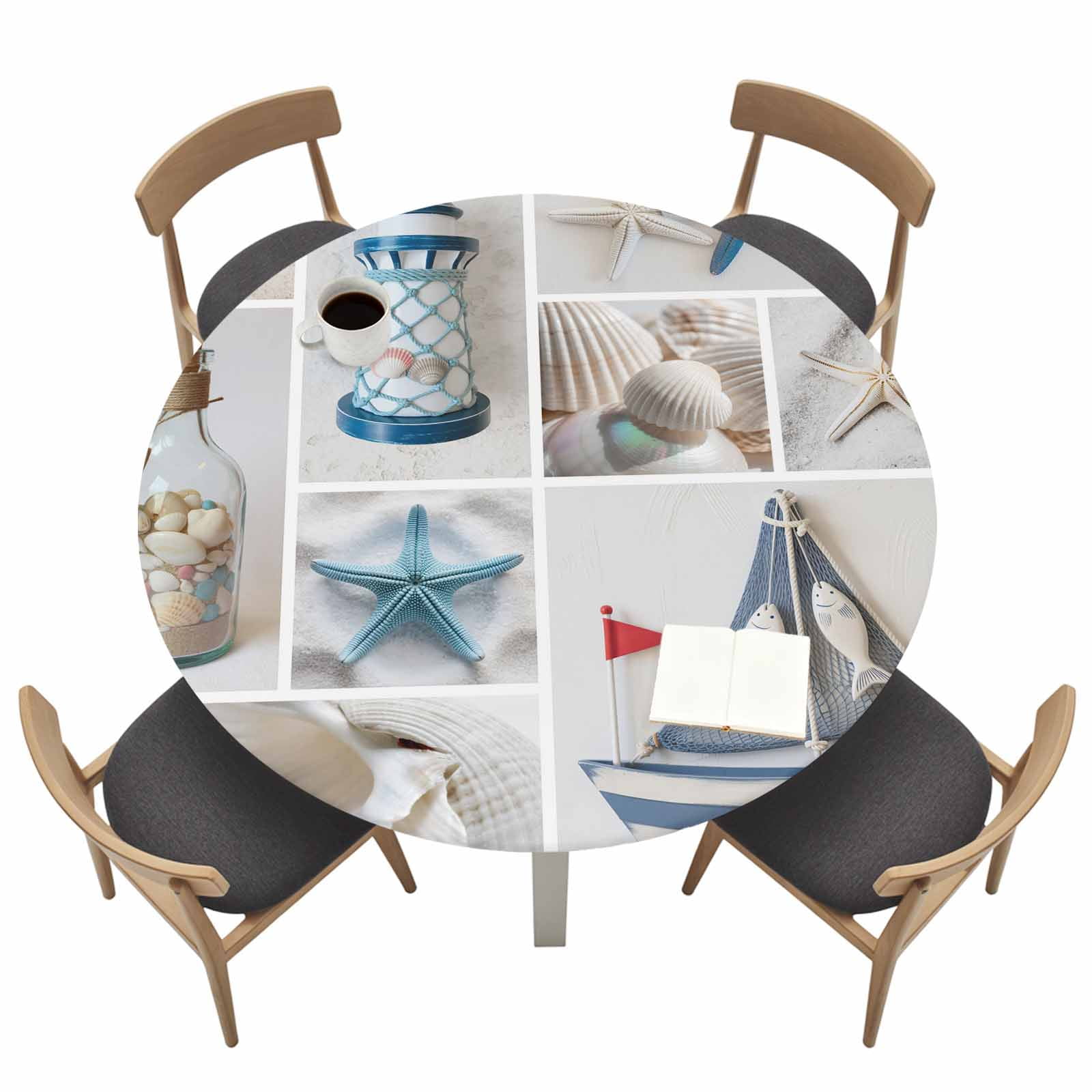 Blue Oceans Beach Fitted Tablecloth with Elastic Edged, Round Table ...
