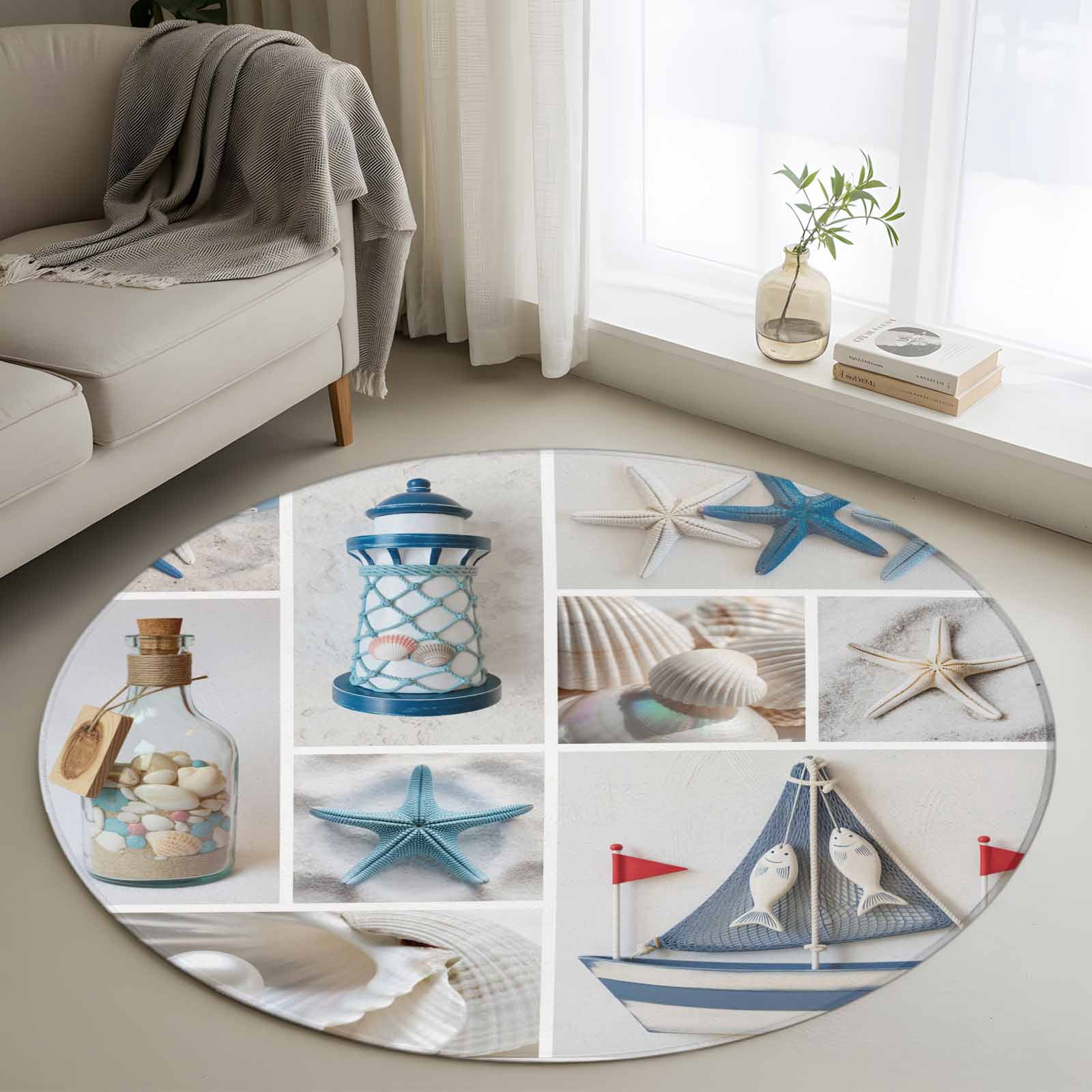 Blue Oceans Beach Round Rug 4ft Washable Circle Entryway Rugs Non Slip ...