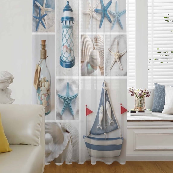 Blue Oceans Beach Semi Sheer Curtains Drapes for Living Room, Bedroom ...