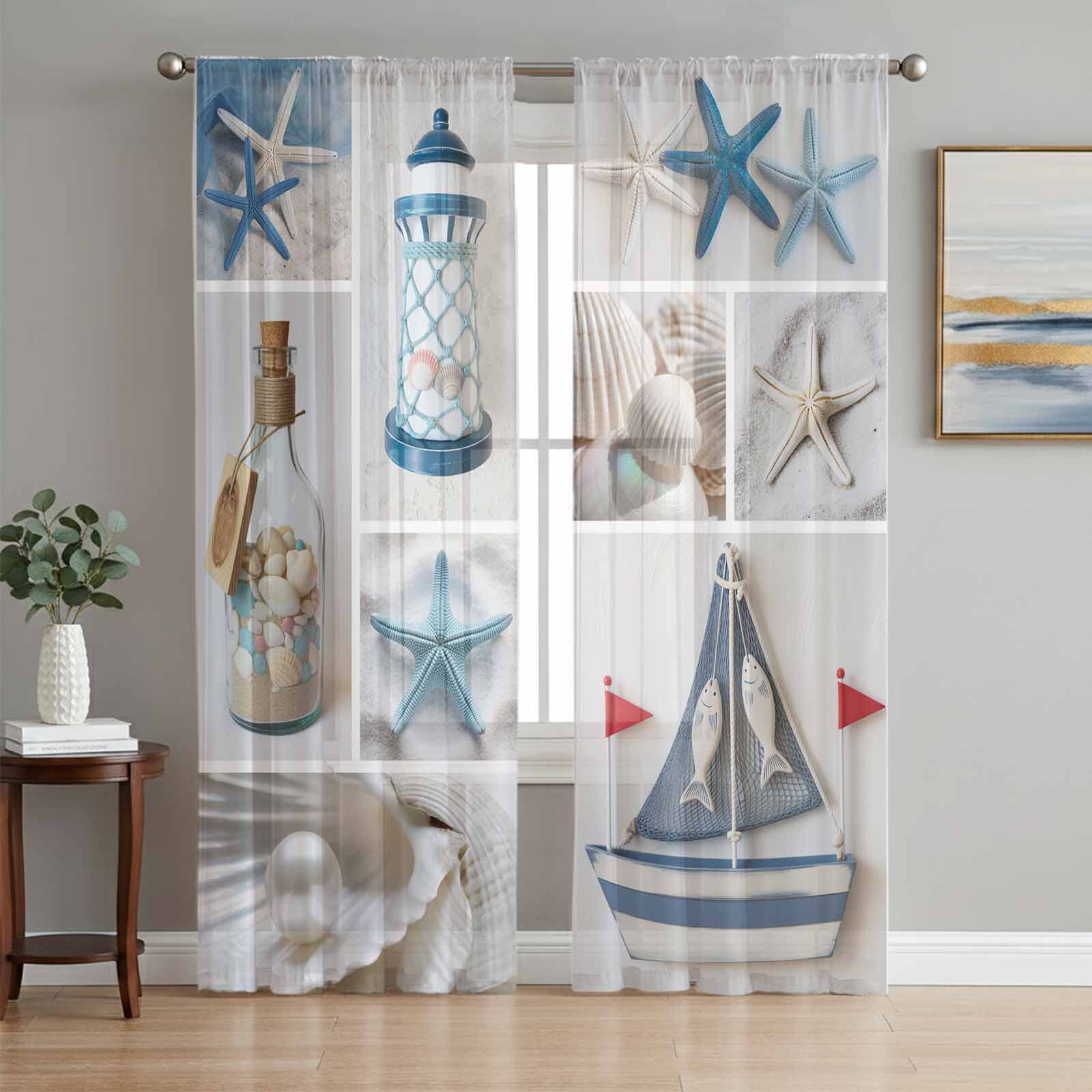 Blue Oceans Beach Sheer Curtains 84 Inch Length 2 Panels Set, Nautical ...