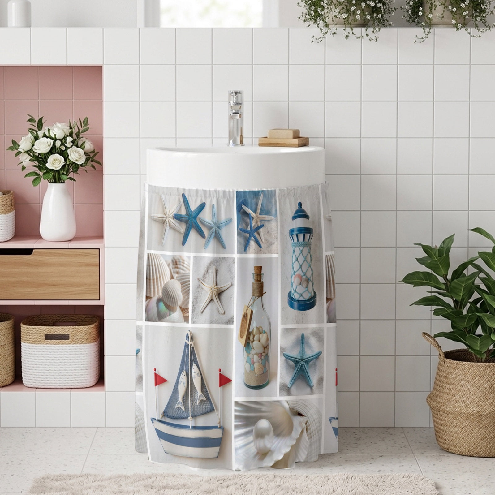 Blue Oceans Beach Small Sink Skirt 10''x11'', Nautical Coastal Starfish ...