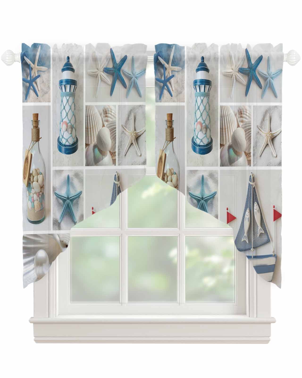Blue Oceans Beach Swag Valances for Windows, Nautical Coastal Starfish ...
