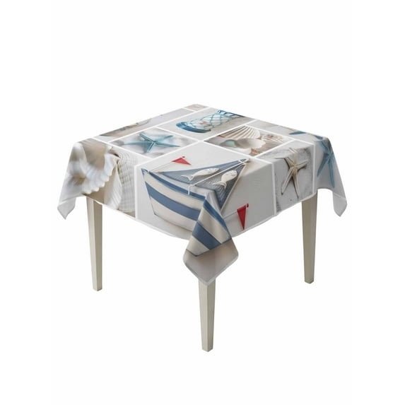 Blue Oceans Beach Table Cloth, Nautical Coastal Starfish Seashell ...
