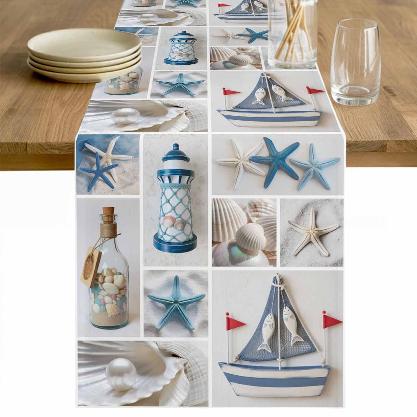 Blue Oceans Beach Table Runner - 70 Inch Long Nautical Coastal Starfish ...