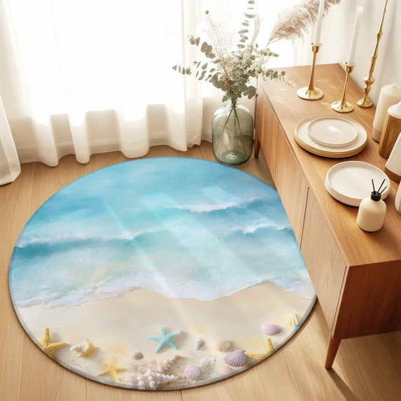 Blue Oceans Brown Beach Round Rug 3ft Sea Stars Shells Washable Area ...