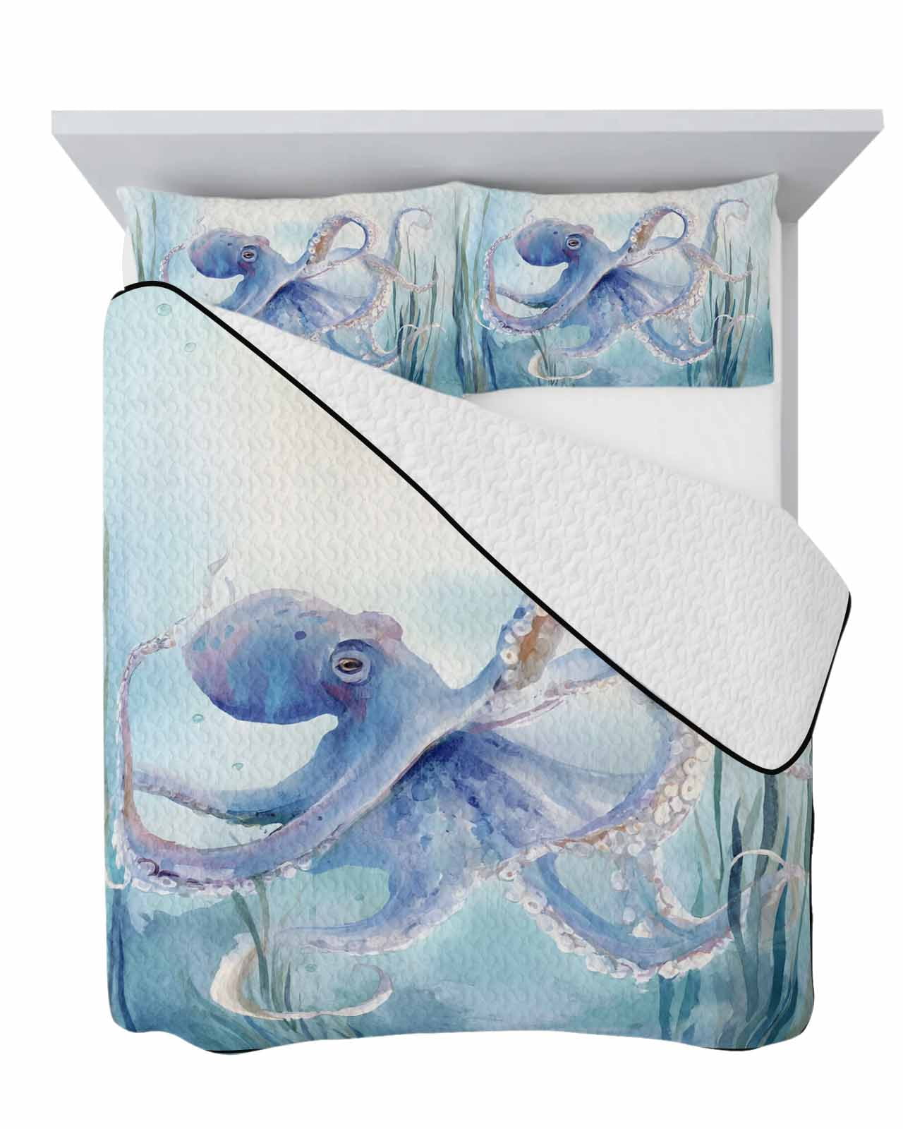 Blue Octopus 3 Piece Quilt Set King Size, Boho Abstract Animal ...
