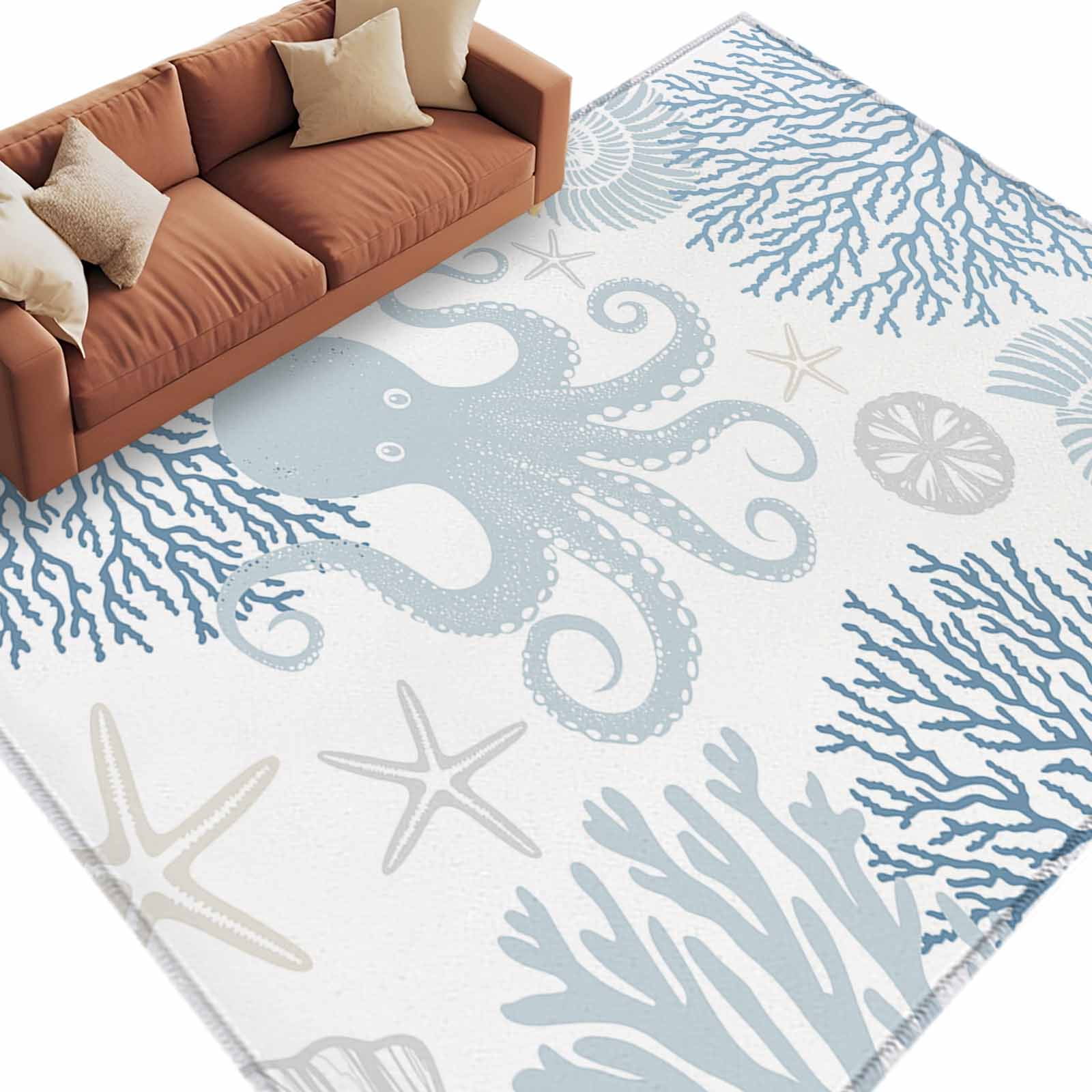 Blue Octopus Area Rug 5x7ft Ocean Starfish Shell Coral Marine Life Non ...