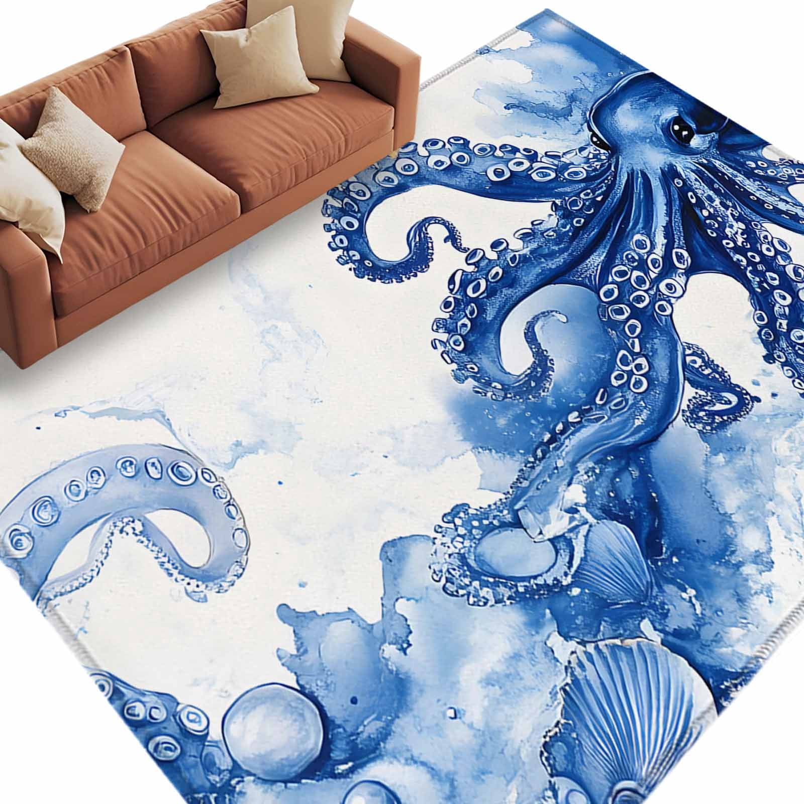 Blue Octopus Area Rug 5x8ft Watercolor Marine Animal Coral Shell ...