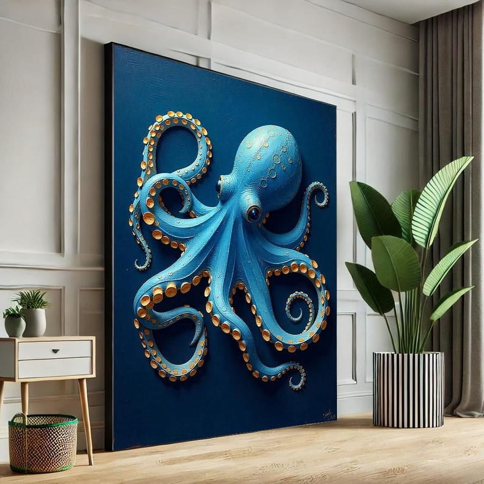 Blue Octopus Art, 3D Sea Creature Wall Print, Bold Nautical Ocean Decor ...