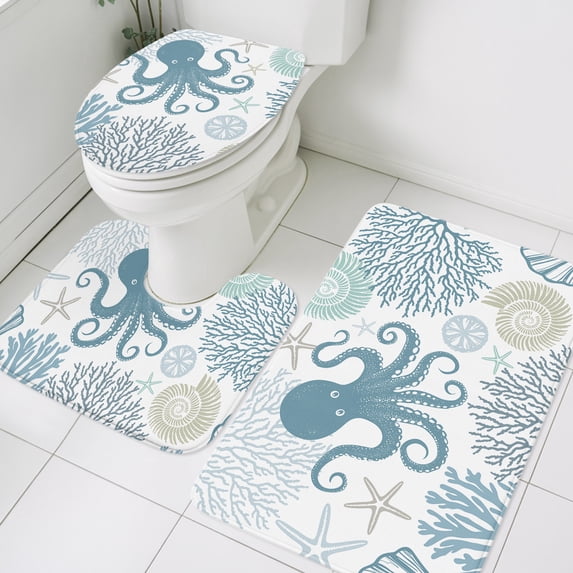 Blue Octopus Bathroom Rugs Set Coral Shell Ocean Starfish Marine Life ...