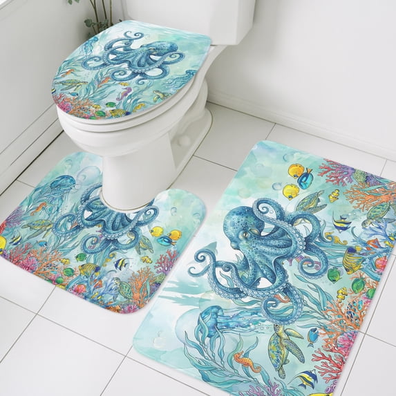 Blue Octopus Bathroom Rugs Set Jellyfish Fish Turtles Color Coral Ocean ...