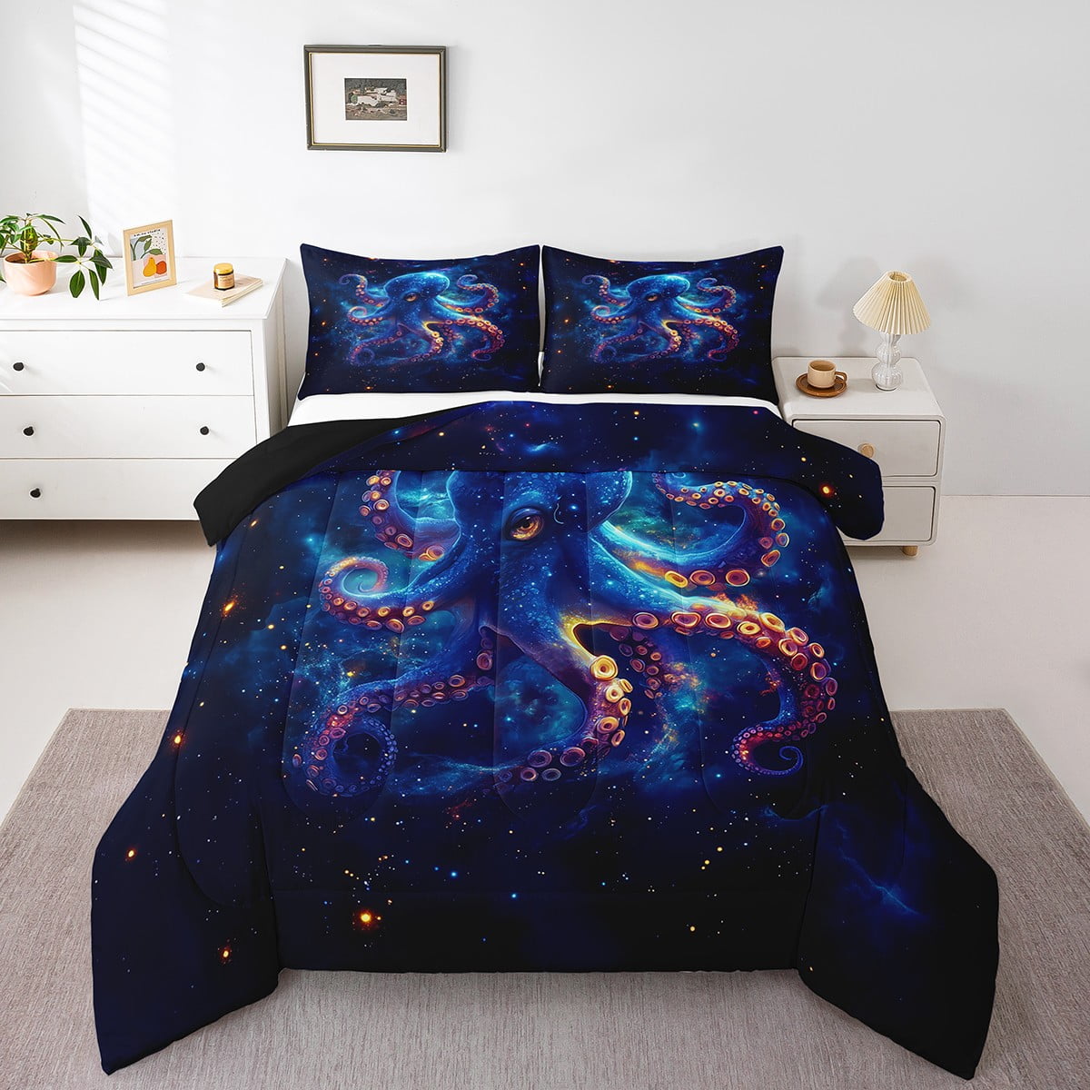 Blue Octopus Bedding Set Galaxy Decor Glitter Queen Comforter Sets ...