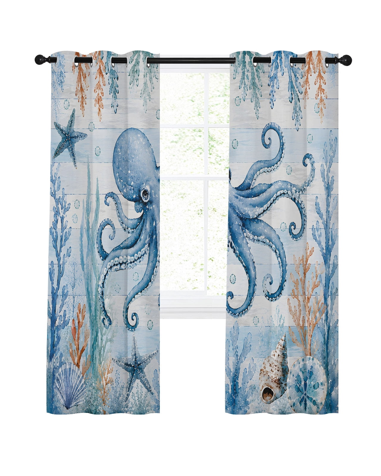 Blue Octopus Blackout Curtains for Bedroom Living Room, Nautical ...