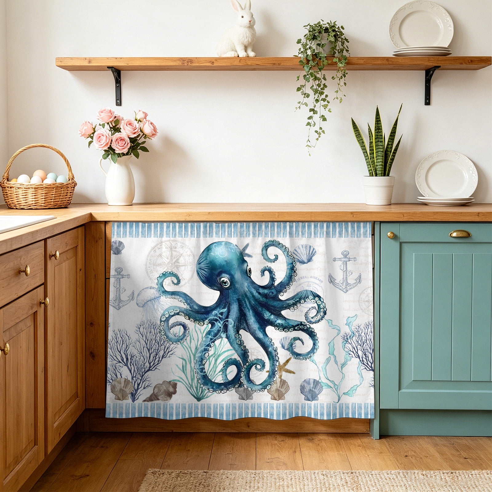 Blue Octopus Cabinet Curtains 10" W x 11" L Ocean Watercolor Blue ...