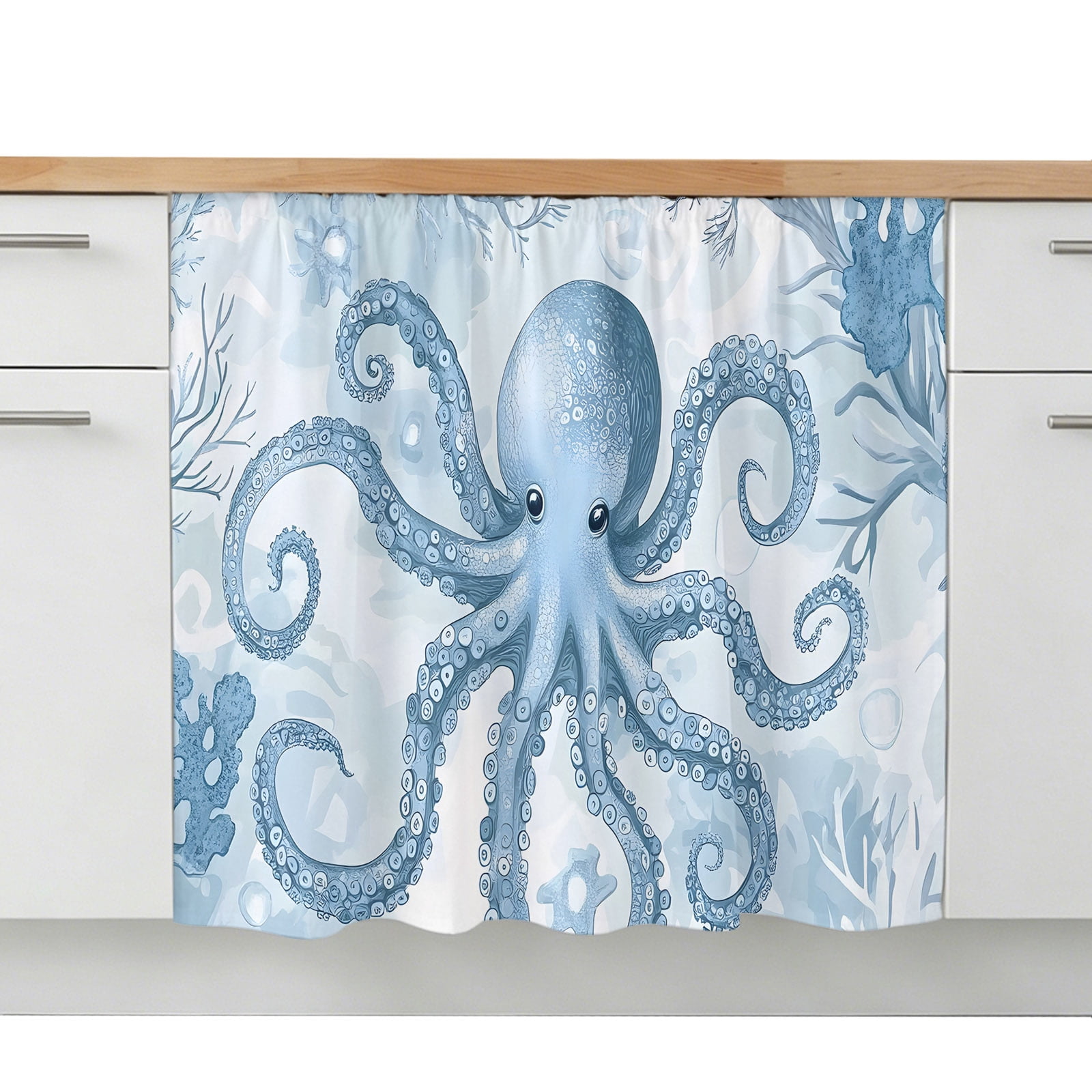 Blue Octopus Cabinet Curtains 28"W x 35"L, Dustproof Sink Skirt Curtain ...