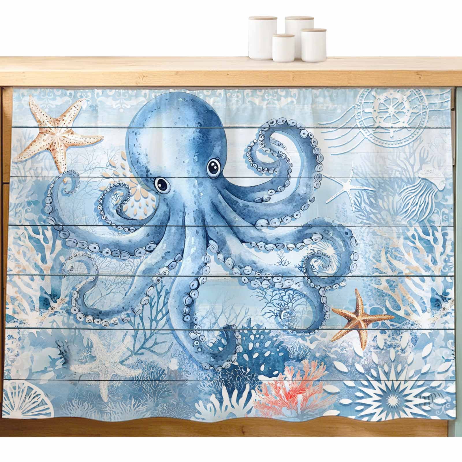 Blue Octopus Cabinet Curtains Summer Ocean Beach Starfish Coral Wood ...