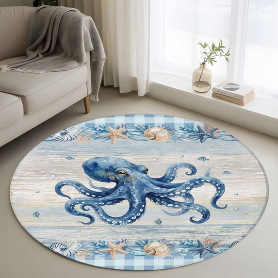 Blue Octopus Coastal 3FT Round Area Rugs Summer Starfish Beach Coral ...