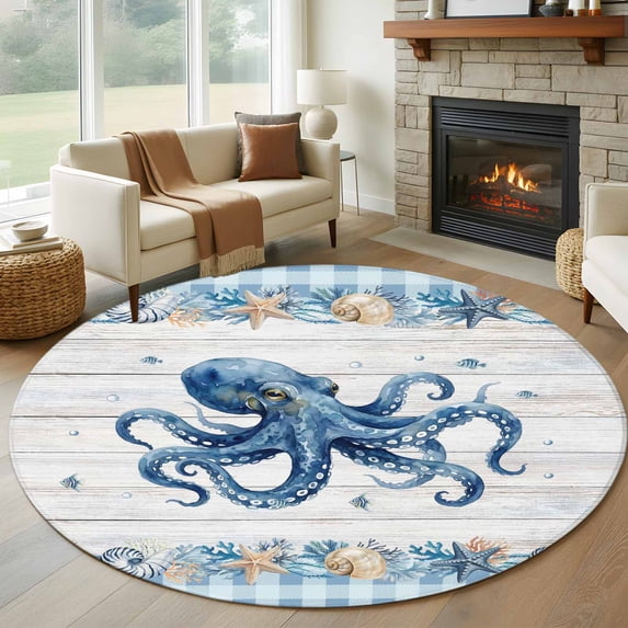 Blue Octopus Coastal 8FT Round Area Rugs for Living Room Summer ...