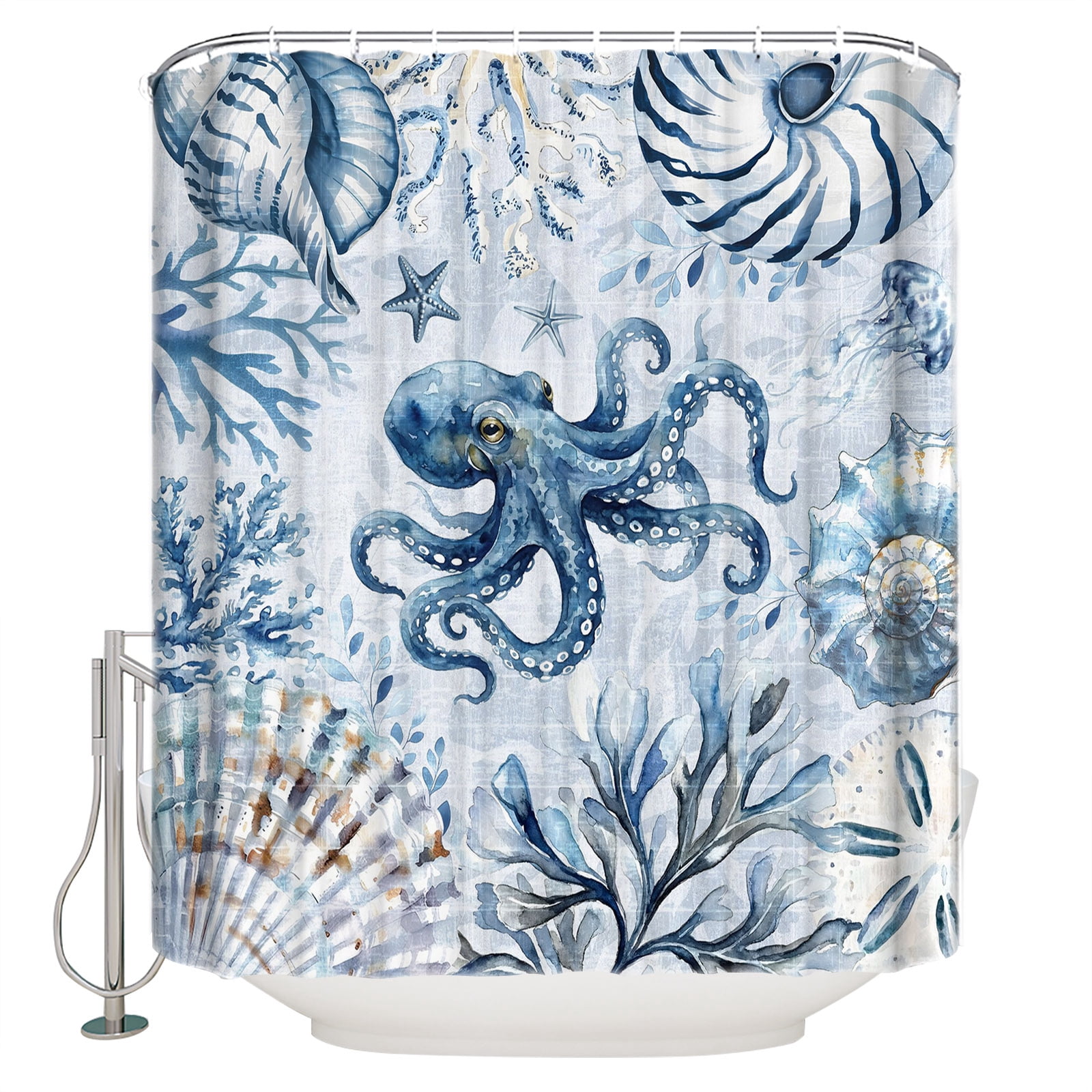 Blue Octopus Coastal Bathroom Shower Curtains with 12 Hooks Polyester ...