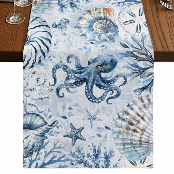 Blue Octopus Coastal Burlap Cotton Table Runner 13x36 Inches Short ...
