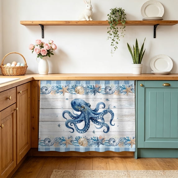 Blue Octopus Coastal Cabinet Curtains 10" W x 11" L, Summer Starfish ...