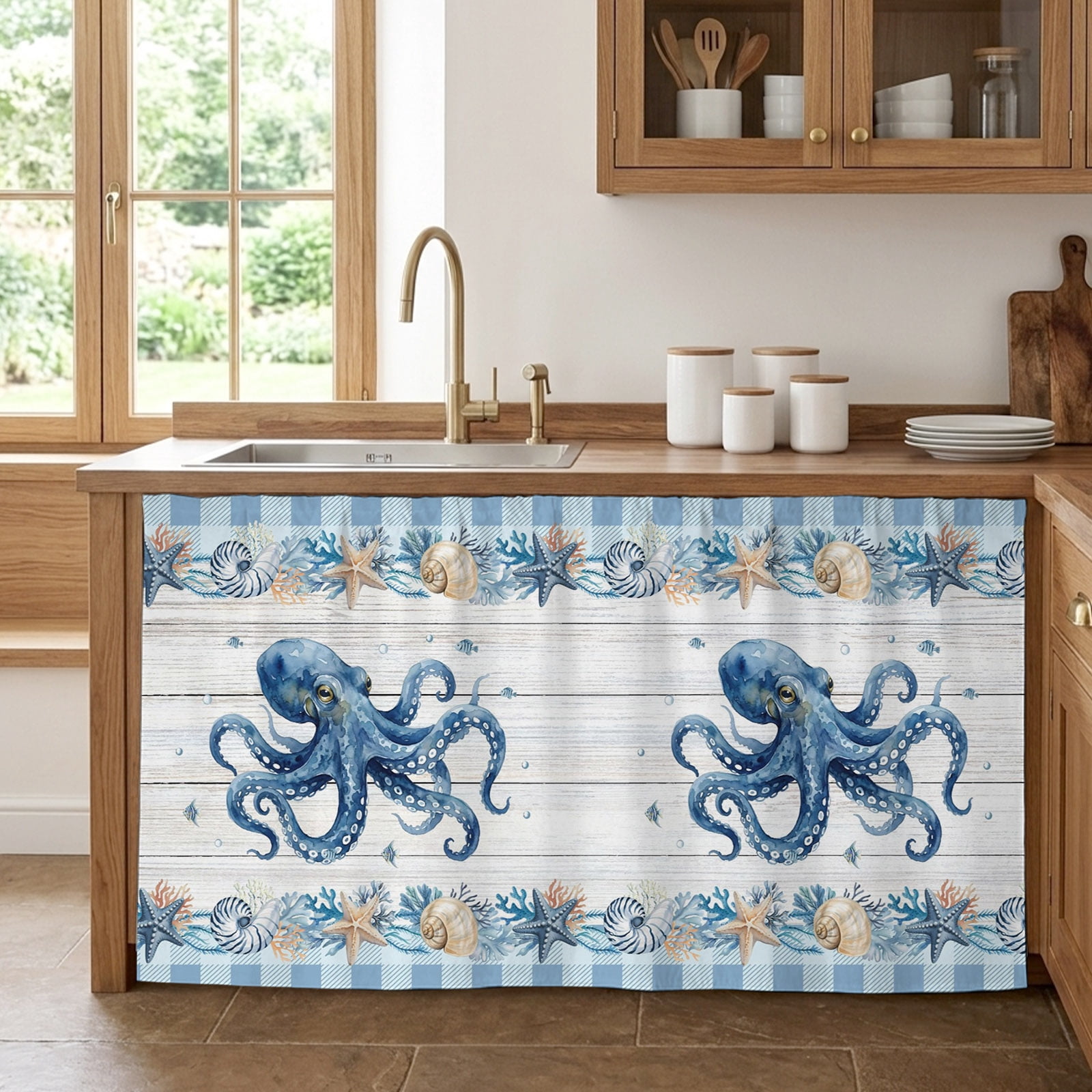 Blue Octopus Coastal Cabinet Curtains 28" W x 51" L, Summer Starfish ...