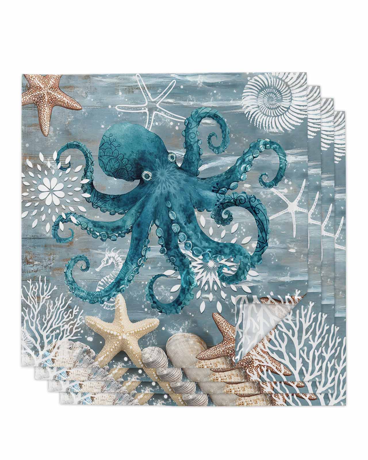 Blue Octopus Coastal Cloth Napkins Washable Set of 4, Summer Beach ...