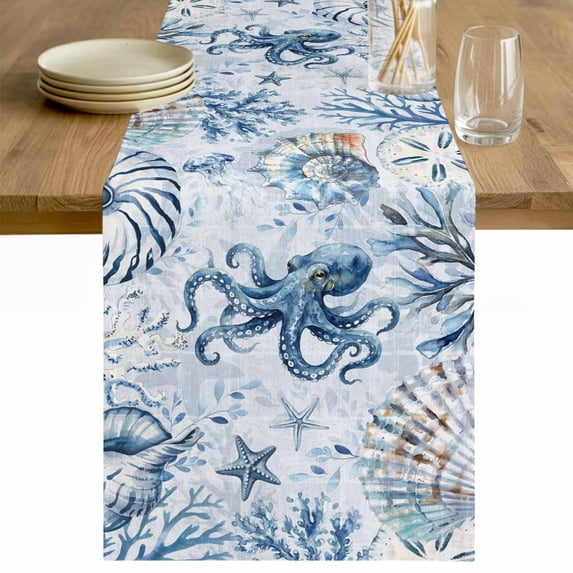 Blue Octopus Coastal Cotton Linen Rectangle Table Runners 13"x70 ...